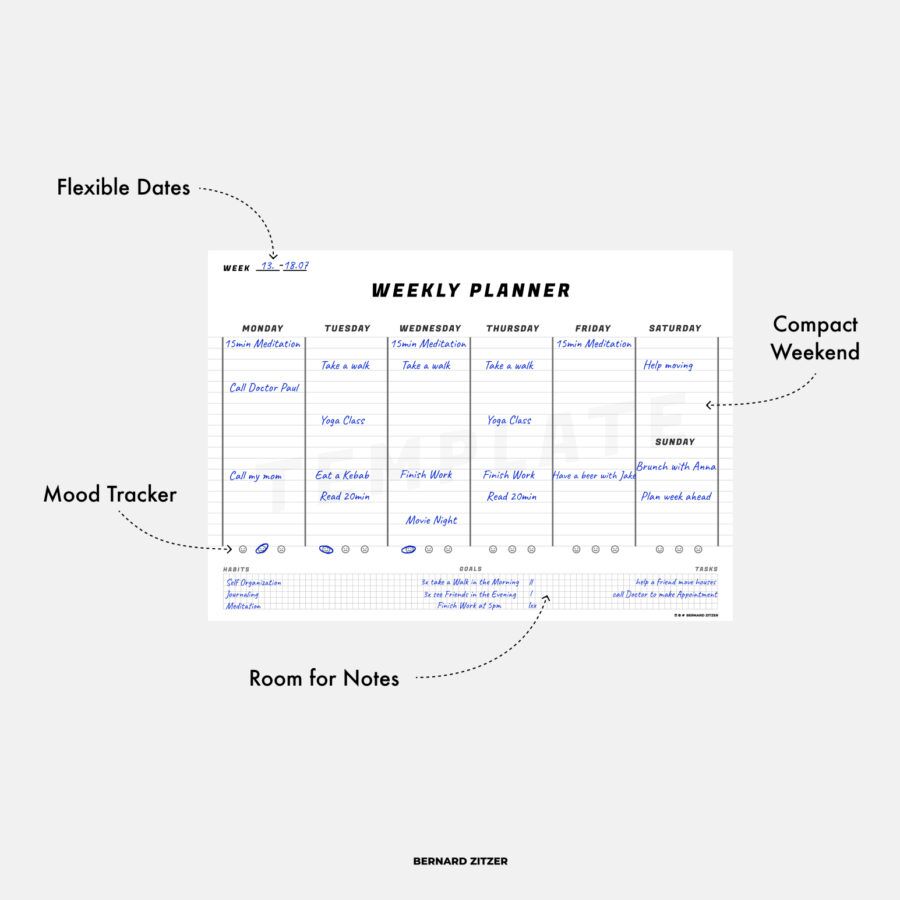 Weekly Review Reflection PDF Printable Free Template - Bernard Zitzer
